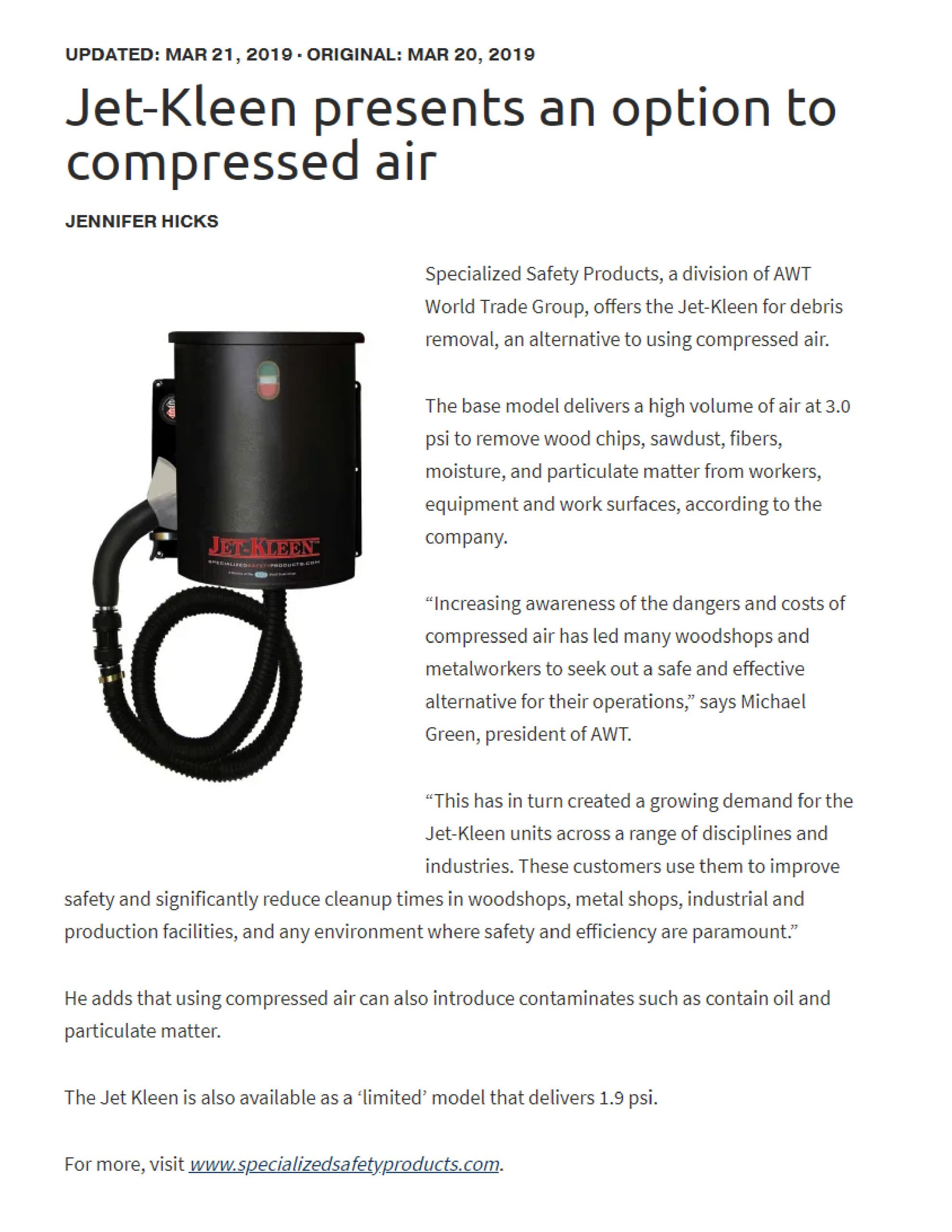 Jet-Kleen Press Release (as seen in WOODSHOP NEWS) – Specialized Safety ...